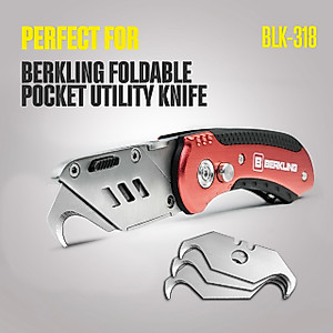 Berkling Utility Hook Razor Blades 50 PCS With Dispenser, SK2H Laser Sharpened Hardened, Ultra 3X Sharper and 5X Durable, Heavy Duty Replacement Blades for Carpet, Roofing Blade Knife, Box Cutter