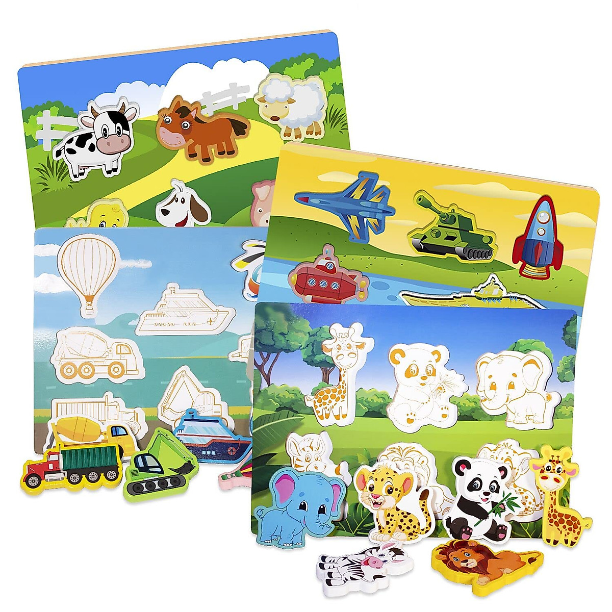Wtaleop Wooden Peg Puzzle for Toddlers 1-3 Year Old,Funsland Puzzles Gifts Colorful Toys Cartoon Gifts,Farm Zoo Animals Vehicle Arsenal Puzzles (Pack of 4)
