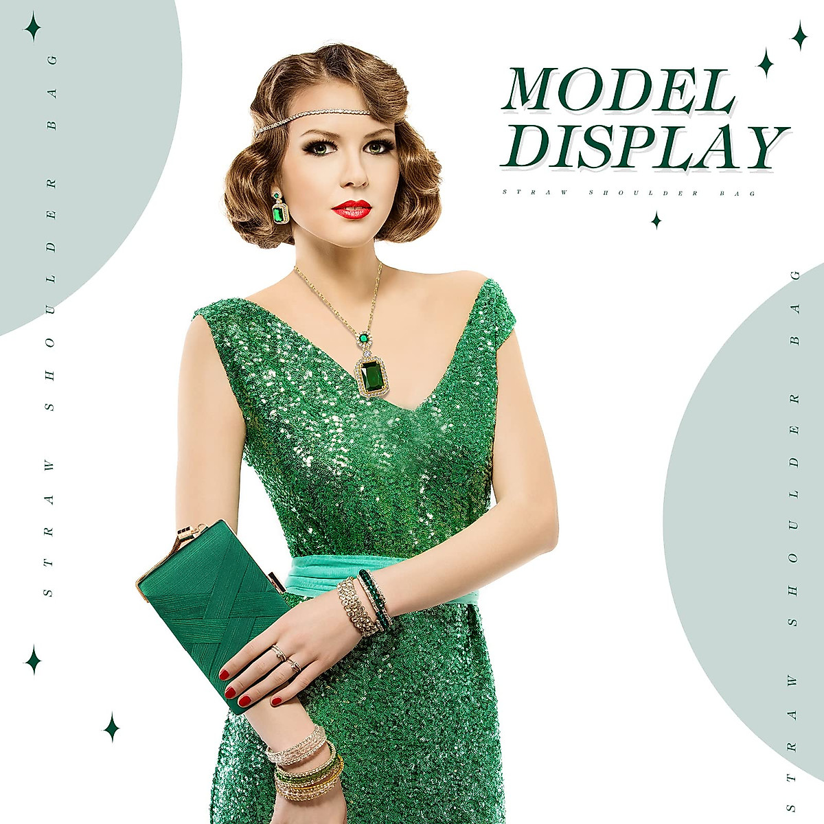 Jadive 3 Pcs Clutch Purses for Women Handbag Evening Purses Bag for Wedding Vintage Banquet Handbag Earrings Necklace Set(Emerald Green)