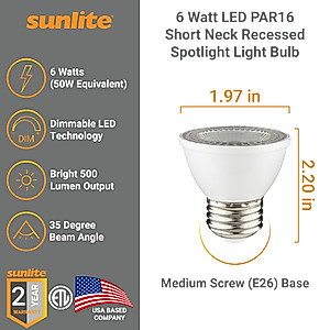 Sunlite LED PAR16 Dimmable, Short Neck Recessed Spotlight Light Bulb, 6-Watt, (50W Halogen Replacement) 500 Lumens, Medium E26 Base, 90 CRI, ETL Listed, 6 Count, 5000K Daylight
