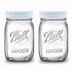 Regular Mouth Mason Jars 16 oz - (2 Pack) - Ball Regular Mouth 16-Ounces Pint Mason Jars with White M.E.M Food Storage Plastic Lids - For Storage, Freezing - Leak Proof, Microwave & Diswasher Safe