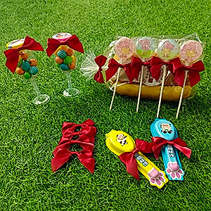 AKLVBL 25 Pack Set Satin Ribbon Bows Pretied Bows with Sticky Gel Pads for Treat Bags, Gift Bags, Bakery Candy Bags and Package Decorating or Gift Decorating (Red)