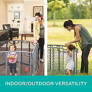Evenflo Versatile Adjustable and Portable Play Yard with Lawn Stakes for Outdoor Use, Non-Scratch Floor Pads for Indoor Use, and Foldable Design with Molded Handle for Easy Transportation, Cool Gray