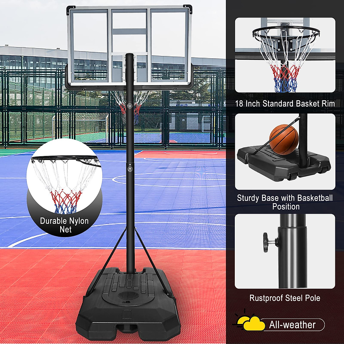Teenagers Youth Portable Basketball Hoops Height Adjustable 6.5ft -10ft Basketball System 43 Inch Backboard with Wheels for Driveway Indoor Outdoor Use, Grey