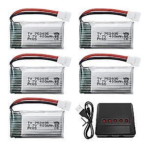sea Jump 5PCS 3.7V 400mAh Li Battery with 5in1 Charger for SYMA Q11 H99W H31 H6C H98 TR-C385 TR-P51 TR-F22 Quadcopter Parts Aircraft Model Drone Battery AT-96