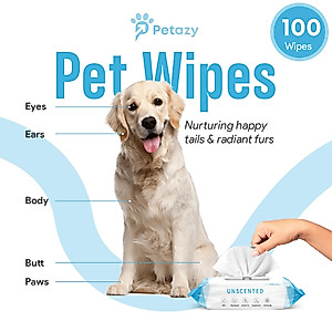 Petazy 100 Dog Wipes for Paws and Butt Ears Eyes Unscented | Organic Hypoallergenic Pet Wipes for Dogs with Aloe Vera | Dog Wipes Cleaning Deodorizing | Extra Thick Dog Paw Wipes Dogs Cat Puppy Pets