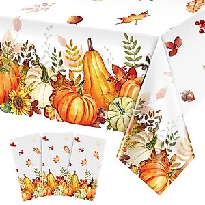 3 Pieces Fall Autumn Pumpkin Thanksgiving Party Tablecloth Decorations, Plastic Vintage Pumpkins Vines Maple Leaves Fall Harvest Table Cover for Fall Thanksgiving Party Supplies, 54 x 108 Inch