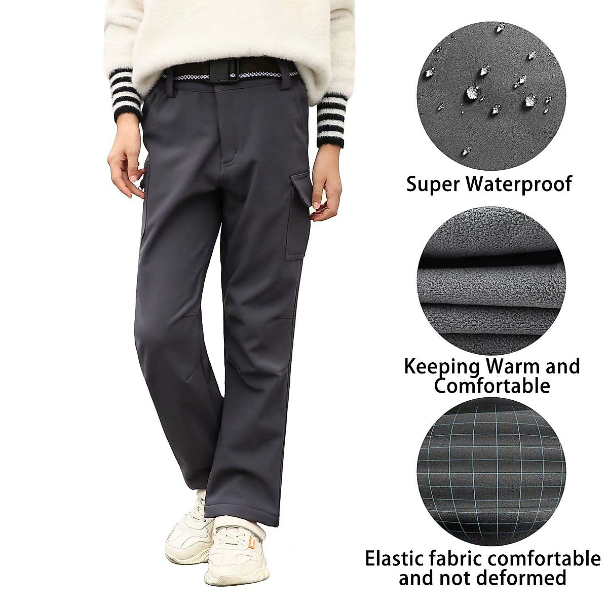 JOMLUN Kids Boy's Youth Fleece Lined Hiking Pants Outdoor Soft shell Snow Ski Waterproof Windproof Warm Cargo Insulated Pants Winter