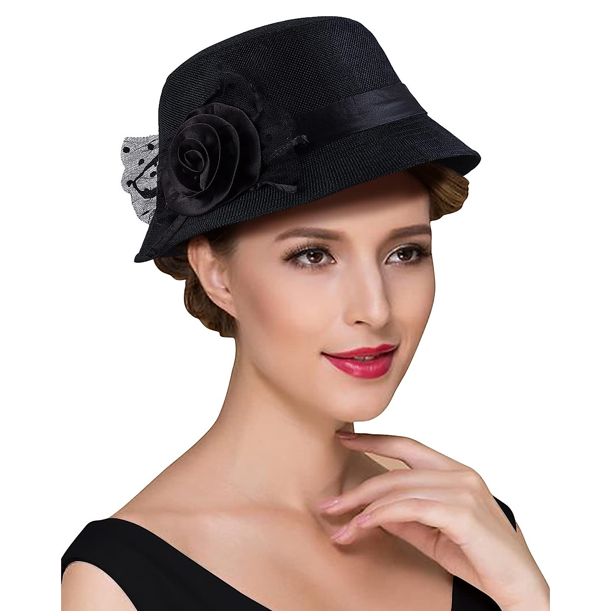 CROWN GUIDE 1920s Gatsby Church Cloche Derby Hats for Women Ladies Bow Bucket Wedding Bowler Hats Tea Party Black