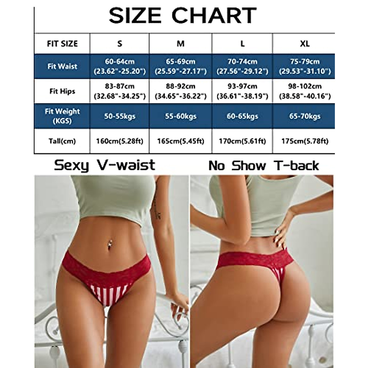 Knowyou 12/6 Pack Cotton Thongs for Women Sexy V-waist Lace Women’s Underwear Breathable No Show T-back Tanga Panties