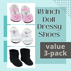 Emily Rose 18 Inch Doll Shoes | Value 3 Pack 18-in Doll Shoes Gift Set: Pink Shoes, White Sandals and Black Boots | Compatible with 18" American Girl Dolls