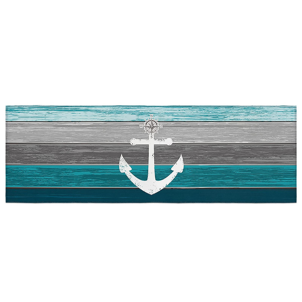 Kitchen Runner Rug, Farm Nautical Anchor Compass Rustic Old Wooden Plank Teal Green Gray Non Slip Runner Carpet Door Mats Floor Mat for Laundry Bedside Bathroom Bedroom 15.7"X47.2"