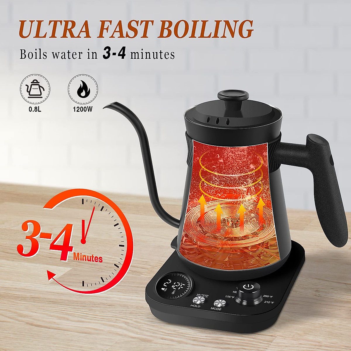 Secura Electric Gooseneck Kettle, Quick Boiling Electric Kettle with 5 Variable Presets for Coffee Tea Brewing, 100% Stainless Steel Inner Tea/Coffee Kettle with 1.5H Keep Warm,1200W-0.8L, Matt Black