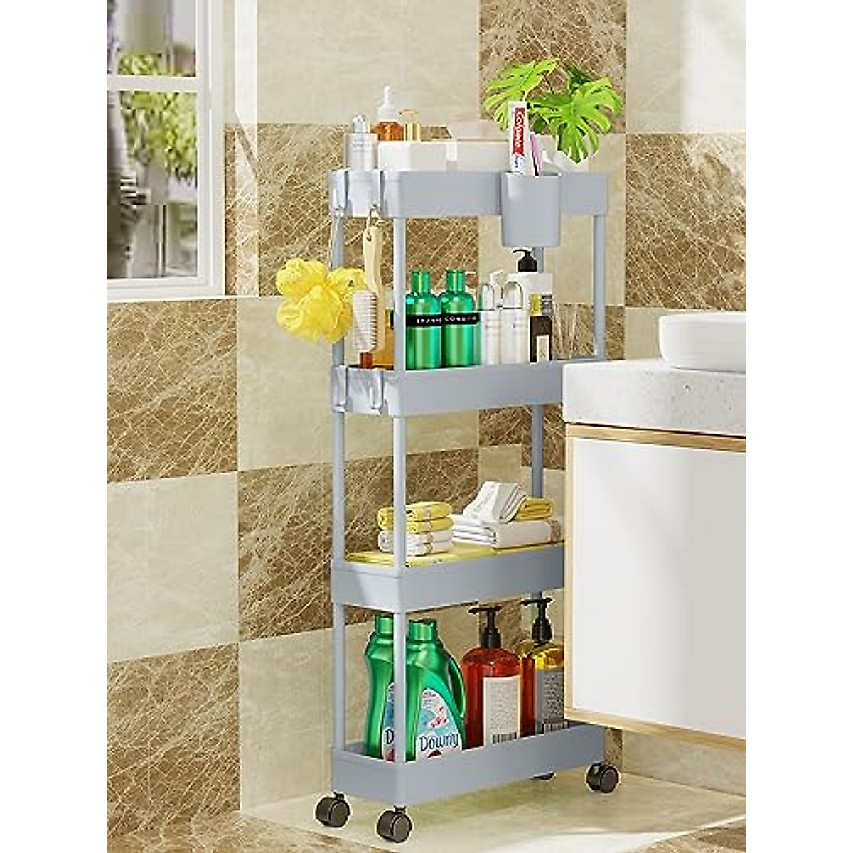 LEHOM 5.1" Slim Storage Cart - 4 Tiers Bathroom Organizer Mobile Shelving Unit Storage Rolling Utility Cart Slide Out Organizer for Kitchen Bathroom Laundry Narrow Places, Grey