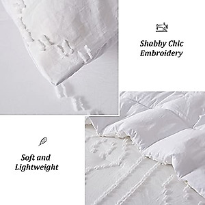 Luxudecor California King Comforter Set White, Boho Tufted Comforter, Shabby Chic Embroidery Farmhouse Bedding Set 3 Pieces, Soft and Fluffy Cal King Bed Comforter for All Seasons 112''x98''