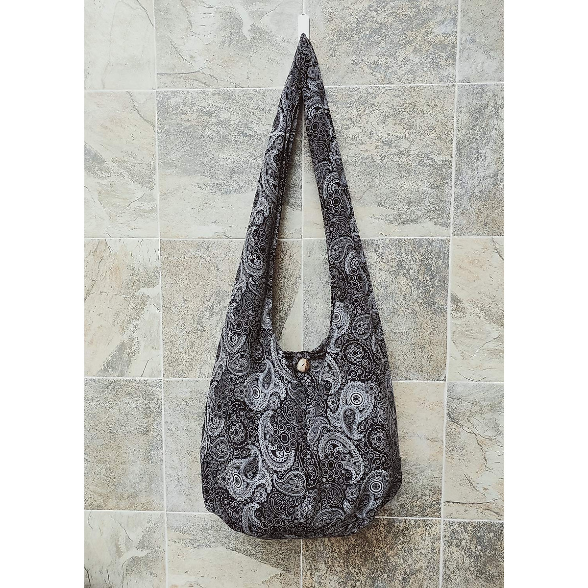 BTP! Thai Cotton Hippie Hobo Sling Crossbody Bag eco Friendly Shopping bag Paisley Print Large (Black PL3)