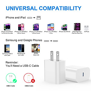 USB C Charger Block, 2Pack 20W USB C Fast Charging Wall Charger Plug Box with PD 3.0 Type C Power Adapter Brick Cube for Apple iPhone 15/14/13/12/11 Pro Max/Pro/Mini/Xs Max/XR/X,iPad Pro,AirPods Pro