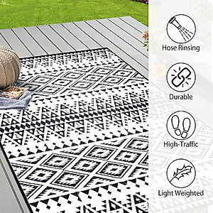 DiiKoo Outdoor Rug Mat for Patio, 6x9ft Waterproof Reversible Plastic Straw Rugs, Camping Carpet Area Mats for RV, Porch, Deck, Backyard, Balcony, Camper, Picnic, Beach, Trailer, Black & White