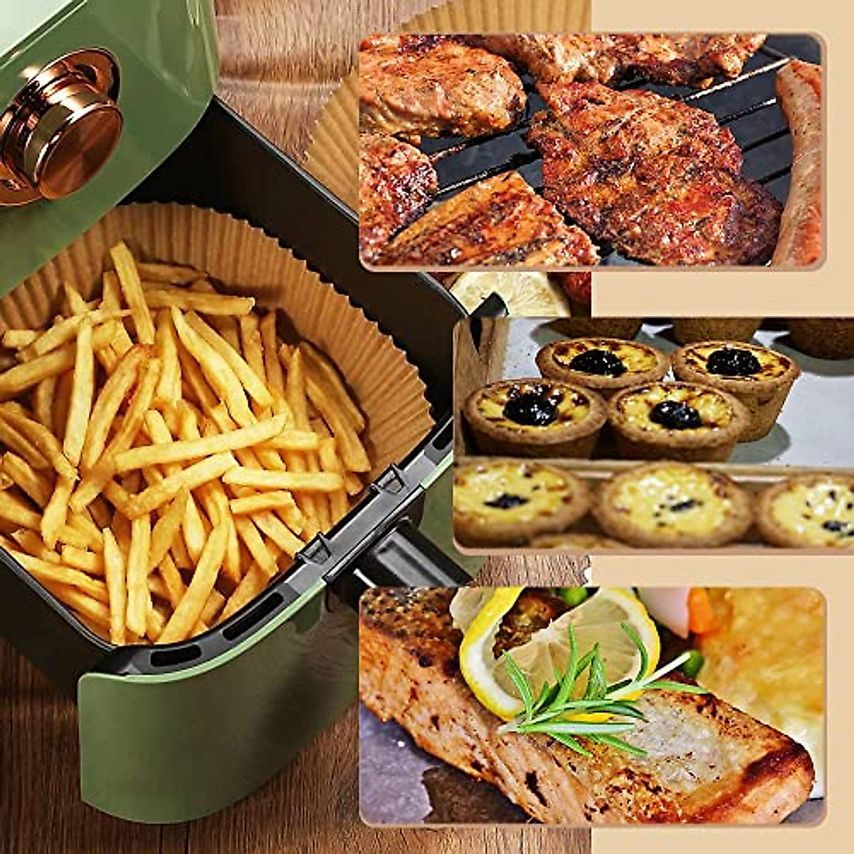 100 Pcs Air Fryer Disposable Paper Liner, Basting Brush and Silicone Spatula, Instant Pot Oven Insert Parchment Sheets, Non-stick Parchment Paper for Baking Cooking,6.3inch