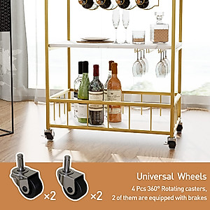 Fleecy day Bar Cart Gold,Bar Carts for The Home Mobile Bar Serving Cart, Drink Cart, Rolling Beverage Cart, Microwave Cart with Wine Rack and Glass Holder with Wheels and Metal Serving Trolley 34in