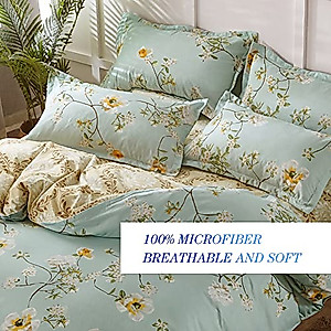 Qeeruim Floral Duvet Cover Set Queen Size, 3pcs Microfiber Skin-Friendly Breathable Duvet Cover with Zipper Closure, Flower Printed Comforter Cover with 2 Pillowcases for Bedroom Guestroom Decor