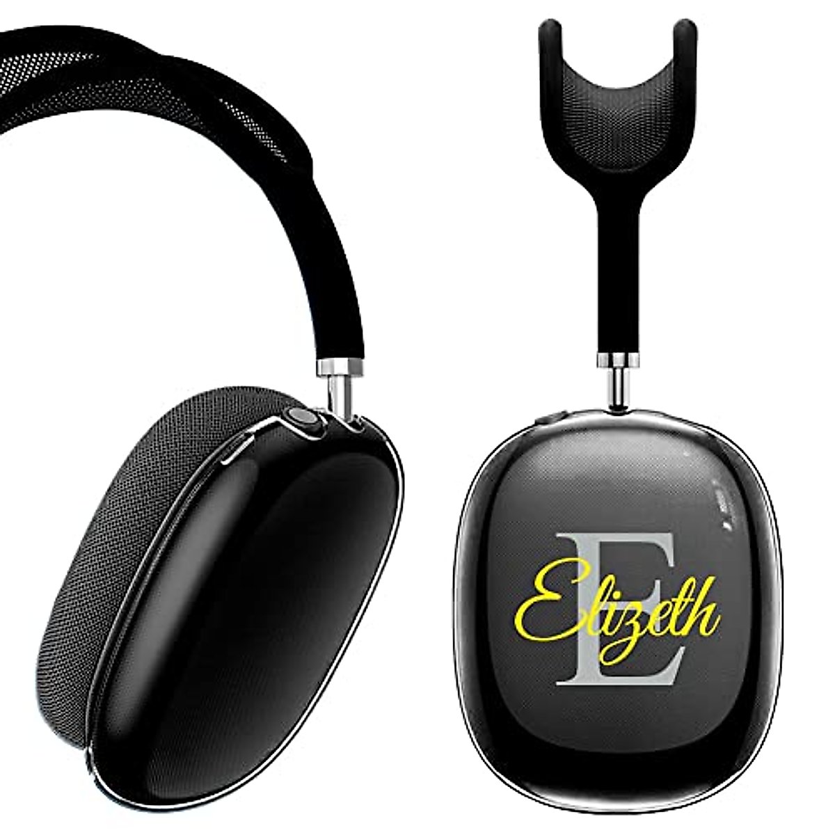 Custom Name & Initial Crystal Clear Case for Apple AirPod Max，Thin Customized Signature Transparent Protective Ear Cup Covers(Clear Black)