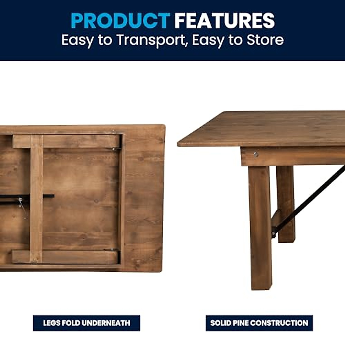 Flash Furniture Hercules Series 7' x 40" Rustic Solid Pine Folding Dining Table, Rectangular Antique Farmhouse Dining and Event Extension Table