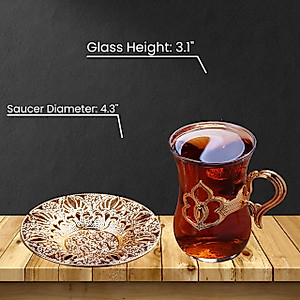 LaModaHome Vintage Handmade Turkish Tea Glasses with Saucer and Holders, Ottoman and Arabic Cups Set of 6 for Serving Guests, Teatime, Dinner, Housewarming Gifts, Events, Parties, Tableware - Gold