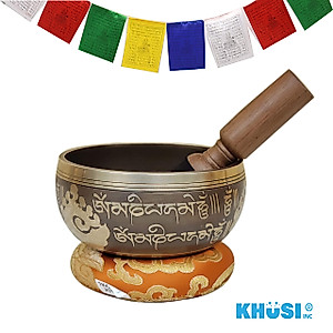 Khusi 4.5 Inch Tibetan Singing Bowl Set, Handmade, Decorative Chakra Bowl for Mindfulness, Wisdom Eye Mantra Engraved, Comes w/Silk Cushion, Leather Mallet and Carry Pouch