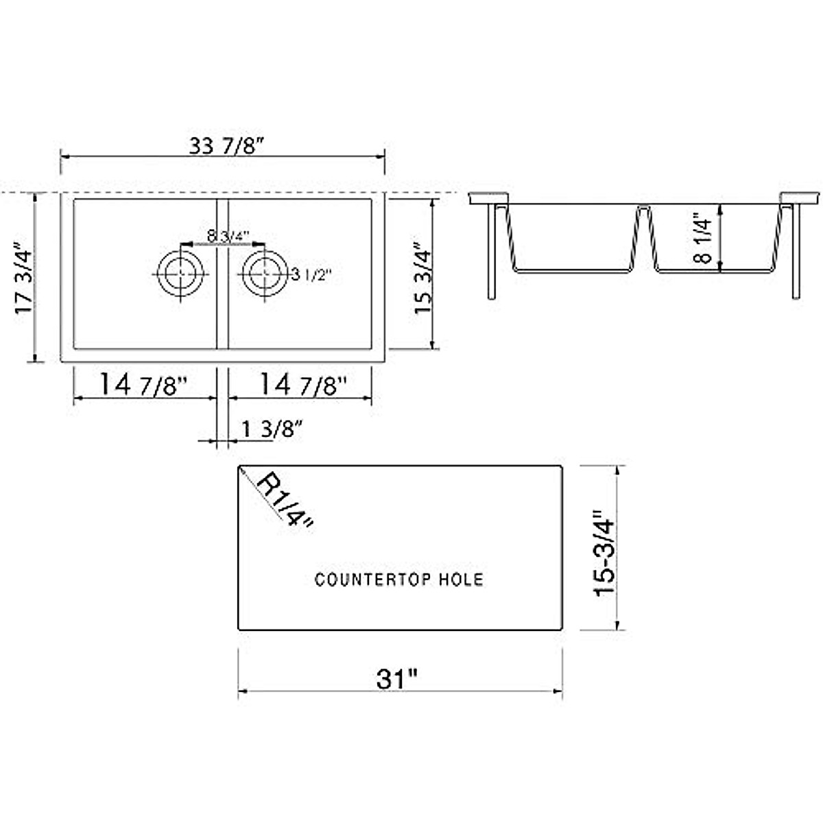 ALFI brand AB3420UM-BLA Undercount Double Bowl Granite Composite Kitchen Sink, 34", Black