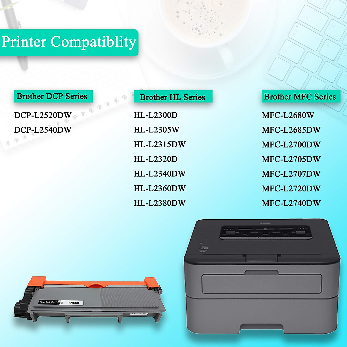 HIINK 6 Pack TN660 Toner Cartridge Replacement for Brother TN660 TN630 Toner Cartridge Used in Canon HL-L2300D HL-L2305W HL-L2340DW HL-L2360DW HL-L2380DW MFC-L2680W(Black, 6-Pack)