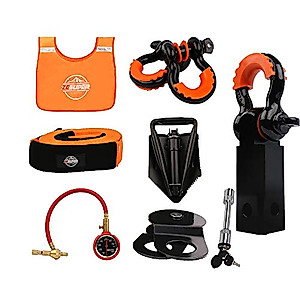 ZESUPER Off-Road Recovery Kit Recovery Tow Strap + D-Ring Shackles+ 8-Ton Snatch Block +Shackle Hitch Receiver +Trailer Hitch Lock+Folding Survival + Winch Dampener Shovel+Tire Deflator