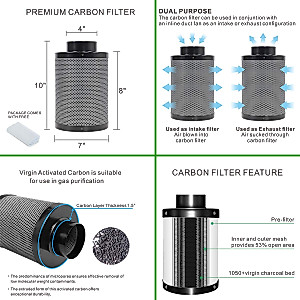 BloomGrow 4'' Inline Fan Carbon Filter Ducting Combo + Fan Speed Controller + 24 Hour Timer Outlet+Thermometer Ventilation System for Grow Tent Kit (4'')