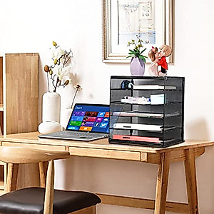 Veesun Paper Letter Tray Organizer, Mesh Desk File Organizer with 6 Tier Shelf Sorter, Black Desktop Organizer