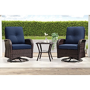 MeetLeisure Patio Swivel Glider Wicker Chairs - Outdoor Swivel Rocking Chairs Set of 2 with Wicker Side Table, Outdoor Swivel Rocker Chair Set 3 Piece Patio Furniture Set(Brown/Blue)