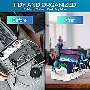 Charging Station for Multiple Devices, 6 Port 50W Fast Multi Charger Organizer with Watch Bracket Equipped for iPhone iPad Android Tablet Watch and Other Electronics(6 Cables Included)