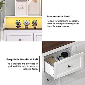 GlouMod LED Dresser with Charging Station, 7 Drawer Dresser for Bedroom, Chest of Drawers with RGB Lights, Wood Dresser with Deep Drawers for Bedroom, Hallway, White Dresser