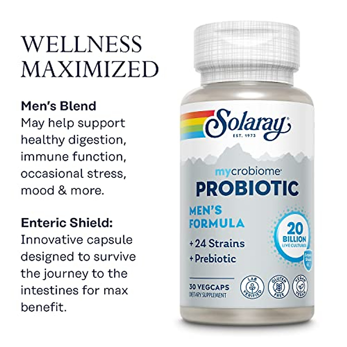 SOLARAY Mycrobiome Probiotic Men’s Formula, Probiotics for Men, Gut Health, Digestion, Immune Function & More, 20 Billion CFU Mens Probiotic, 24 Strains Plus Prebiotic, 30 Servings, 30 VegCaps
