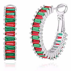GLOQUAT Red and Green Hoop Earrings 14K White Gold Plated Red and Gold Hoops for Women 925 Silver Post Colorful CZ Gold Round Circle Hoops for Women Trendy Jewelry 25mm