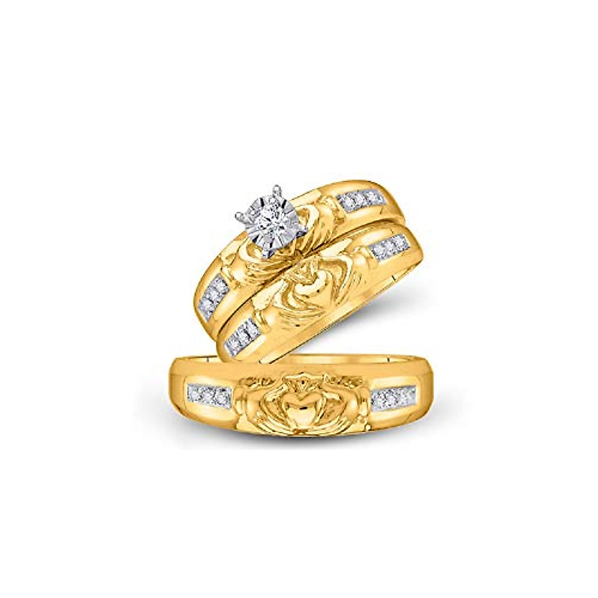 PB Collection His and Hers Wedding Ring Set Matching Trio Wedding Bands for Him Her 14K Yellow Gold Plated 925 Silver Women's Size 8 & Men's Size 10