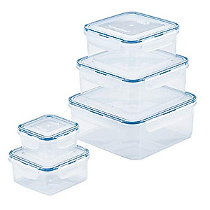 LocknLock Easy Essentials Food Storage lids/Airtight containers, BPA Free, 10 Piece - Square, Clear