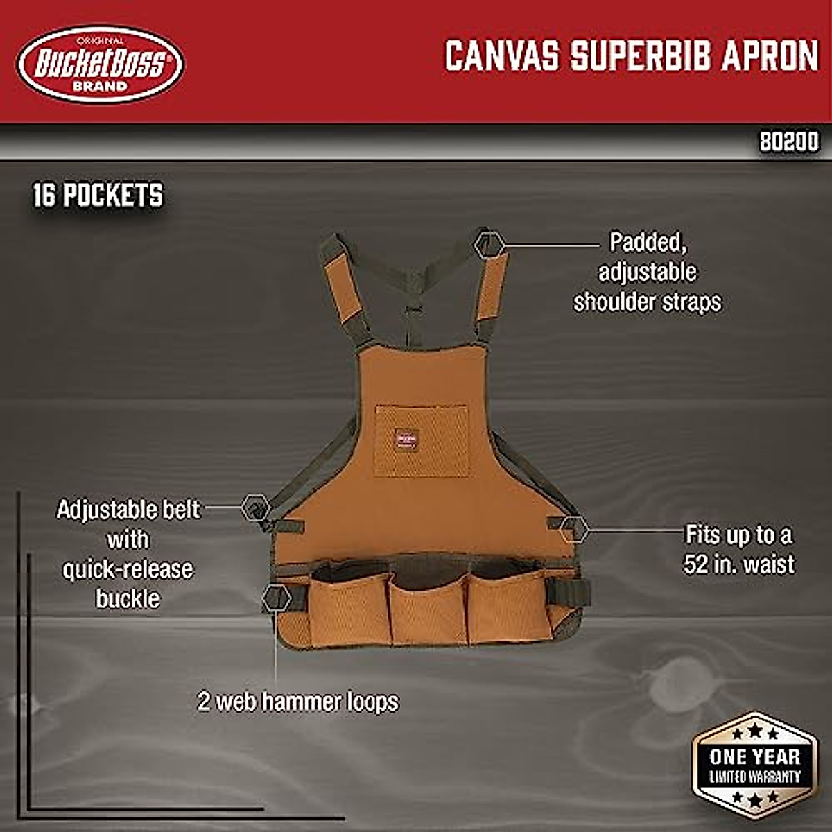 Bucket Boss mens Tool,adjustable,work Tool Bag, Brown, 16 pockets US