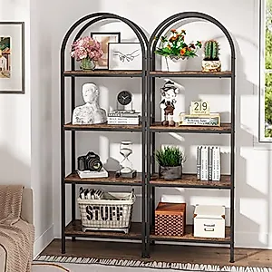 LITTLE TREE 4-Tier Arched Bookshelf, Tall Open Bookcase Storage Shelves, Wood Metal Freestanding Display Rack Tall Shelving Unit for Home Office, Bedroom, Living Room, Rustic Brown