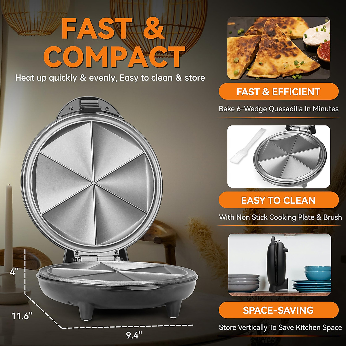 Baker's Friend Electric Quesadilla Maker with Extra Stuffing Design, 9.5 Inch with Easy Slice 6 Wedge, Non Stick Surface, Non-Slip Feet, Grilled Cheese Maker Machine, Graphite Black