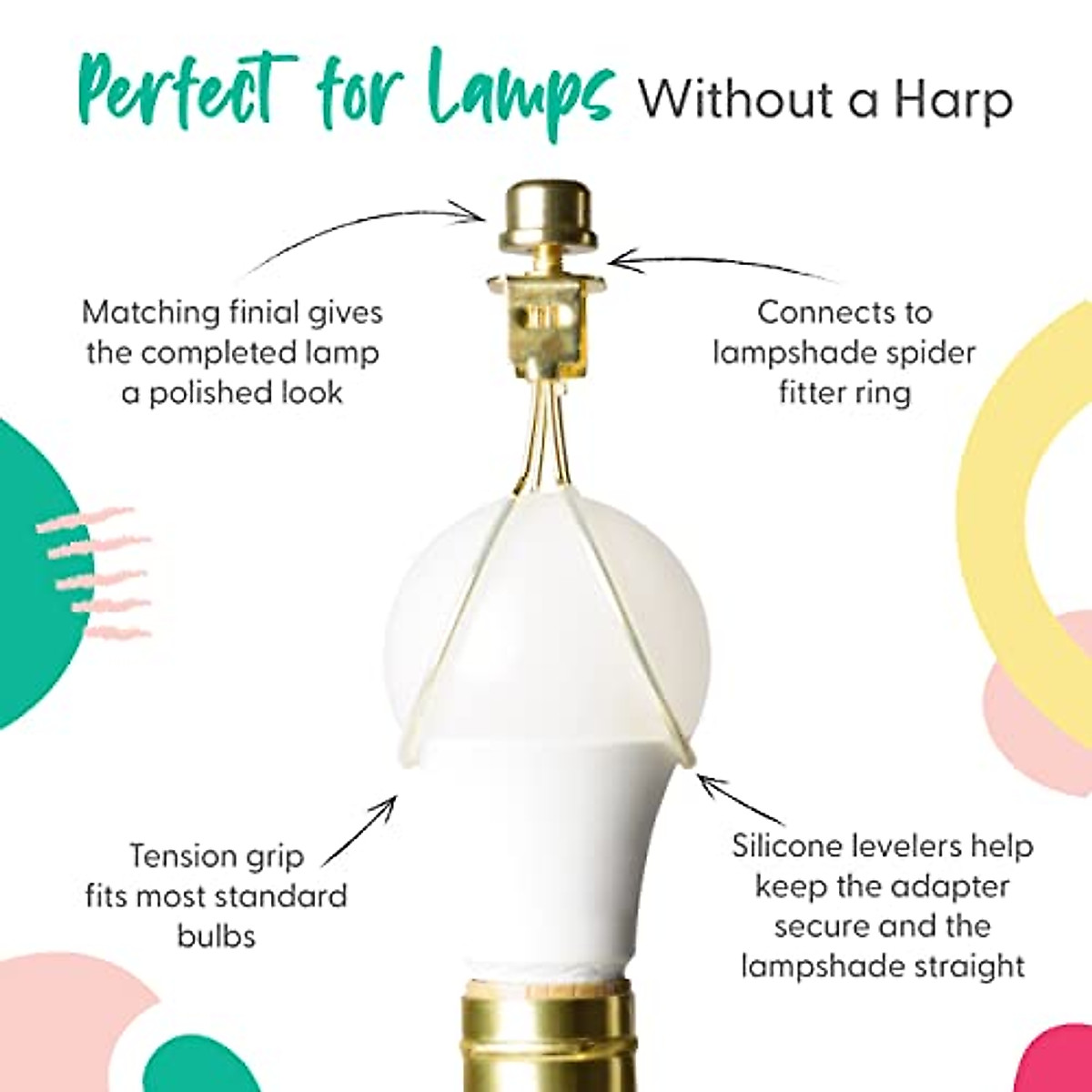 I Like That Lamp Clip On Lampshade Adapter (1 Pack), Classic Brass Gold Finish, Includes 1 Light Bulb Clip Shade Adapter, 1 Matching Finial and 2 Silicone Levellers, Fits All Standard Size Bulbs