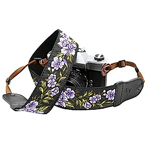 Purple Flower Camera Strap - 2"Wide with Double Layer Cowhide Head,Pure Cotton Embroidery Camera Shoulder Straps,Adjustable Camera Neck Strap for All DSLR / SLR Cameras, Best Gifts for Photographers