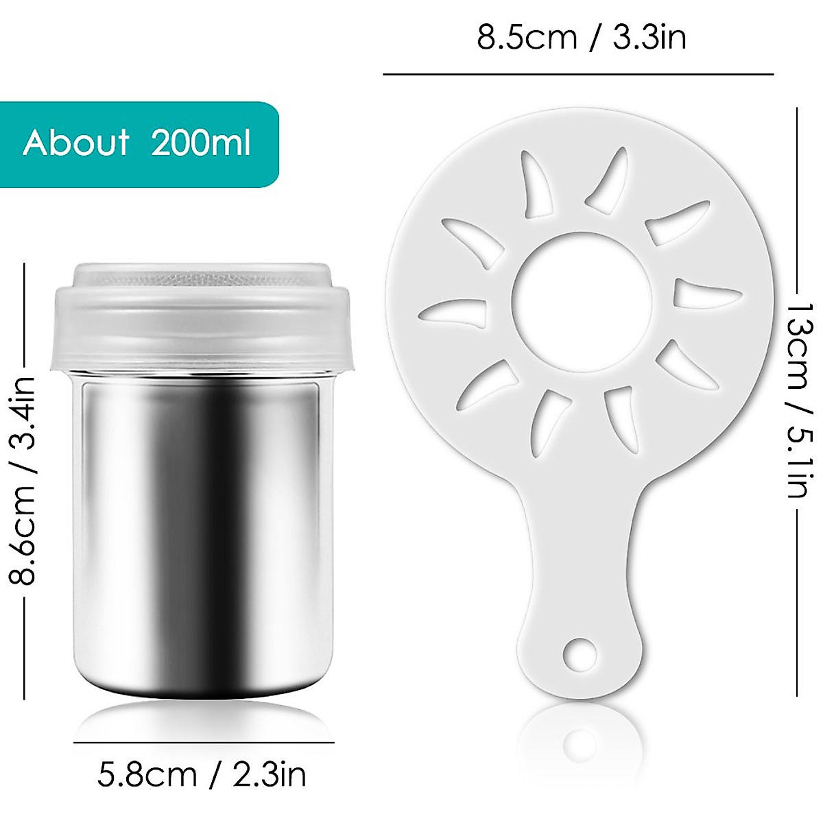 2 Stainless Steel Powder Shakers, SENHAI Mesh Shaker Powder Cans for Coffee Cocoa Cinnamon Powder with Lid, with 16 pcs Printing Molds Stencils