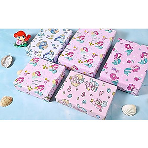 Sikiweiter Mermaid Wrapping Paper - Birthday Wrapping Paper for Girls, 12 Sheets Little Mermaid Wrapping Paper for Birthday Christmas Baby Shower, 19.7 x 27.6 Inches Per Sheet