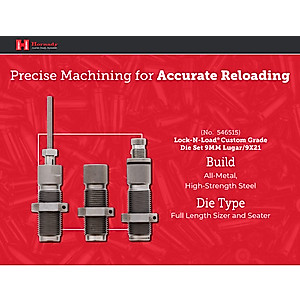 Hornady Custom Grade New Dimension 3-Die Set, 9mm Luger 9x21(.355) (546515) -Caliber Specific Reloading Equipment for Handloaders with Full Length Sizer Die, Seating Die, Sure-Loc Rings, & Storage Box