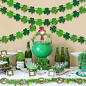4PCS Felt Shamrock Clover Garland Banner - NO DIY, St. Patrick's Day Decorations - Buffalo Plaid Dark Green Light Green Happy St. Patrick's Day Banner for Home Mantel Office Irish Day Party Supplies